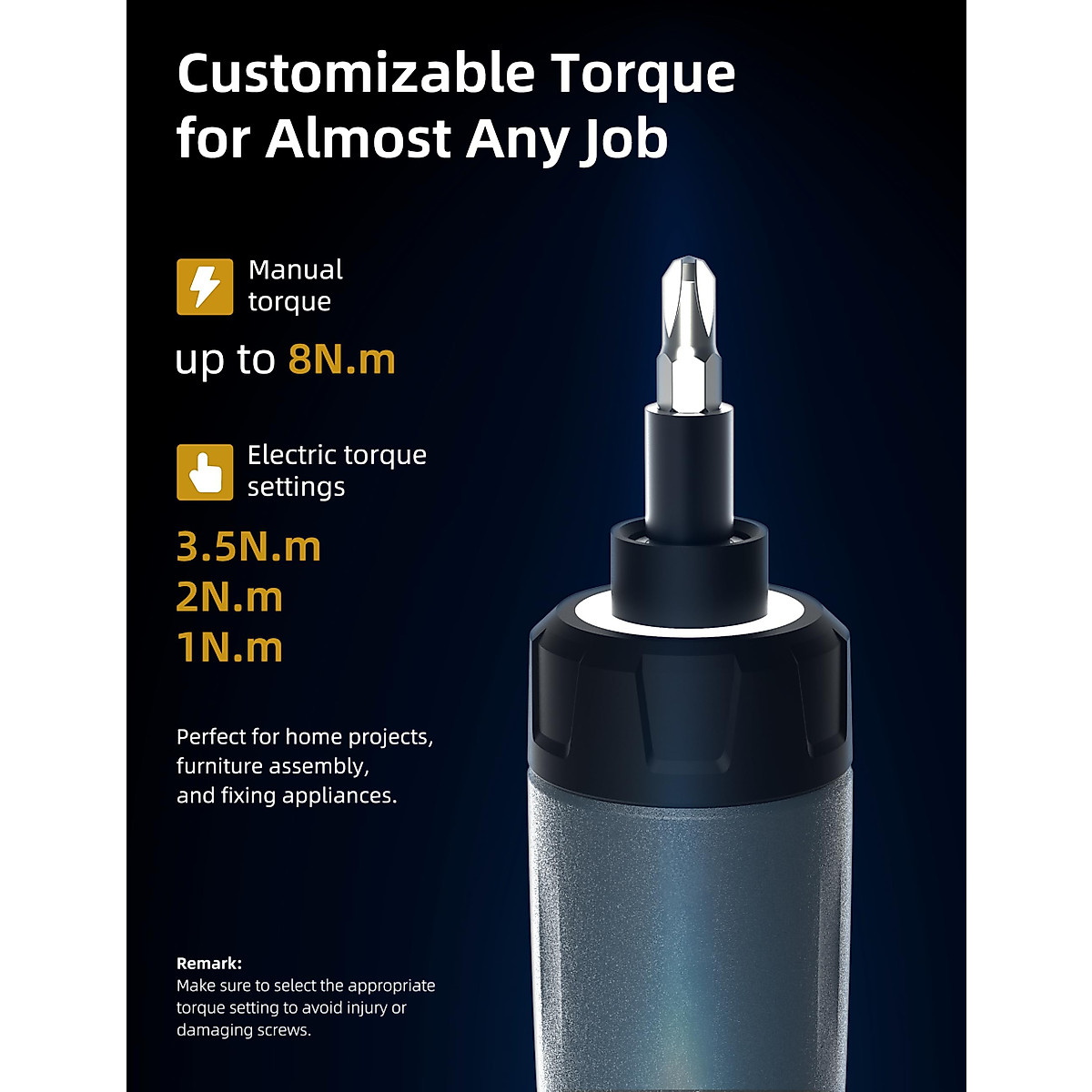 Electric Screwdriver, 3.7V Cordless Screwdriver, Max 8N.m Torque, 12 S2 Steel Bits, 2000mAh Battery, USB-C Charging, 1/4" Hex, 3 Adjustable Torque Settings, Idea Tool for Furniture/Desktop Computer