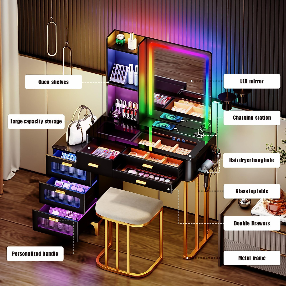 Makeup Vanity Desk with Lights: Vanity Table with Mirror - Dressing Table with Wireless Charging Station & RGB Lights Mobile Vanity with Drawer Glass-Top Design Girls Black Vanity for Bedroom