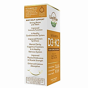 Vitamin D3 with K2 Liquid Drops, All Natural, Non GMO, 1208IU D3 and 25mcg K2 (MK7) Per Serving, Support Your Bones, Immune System and Energy Levels, with or Without Peppermint Oil…