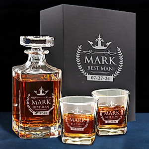 Custom Personalized Best Man, Groomsmen, Groom Whiskey Decanter and Rocks Glasses Set - Engraved with WPS Design (Decanter and 2 Glasses)