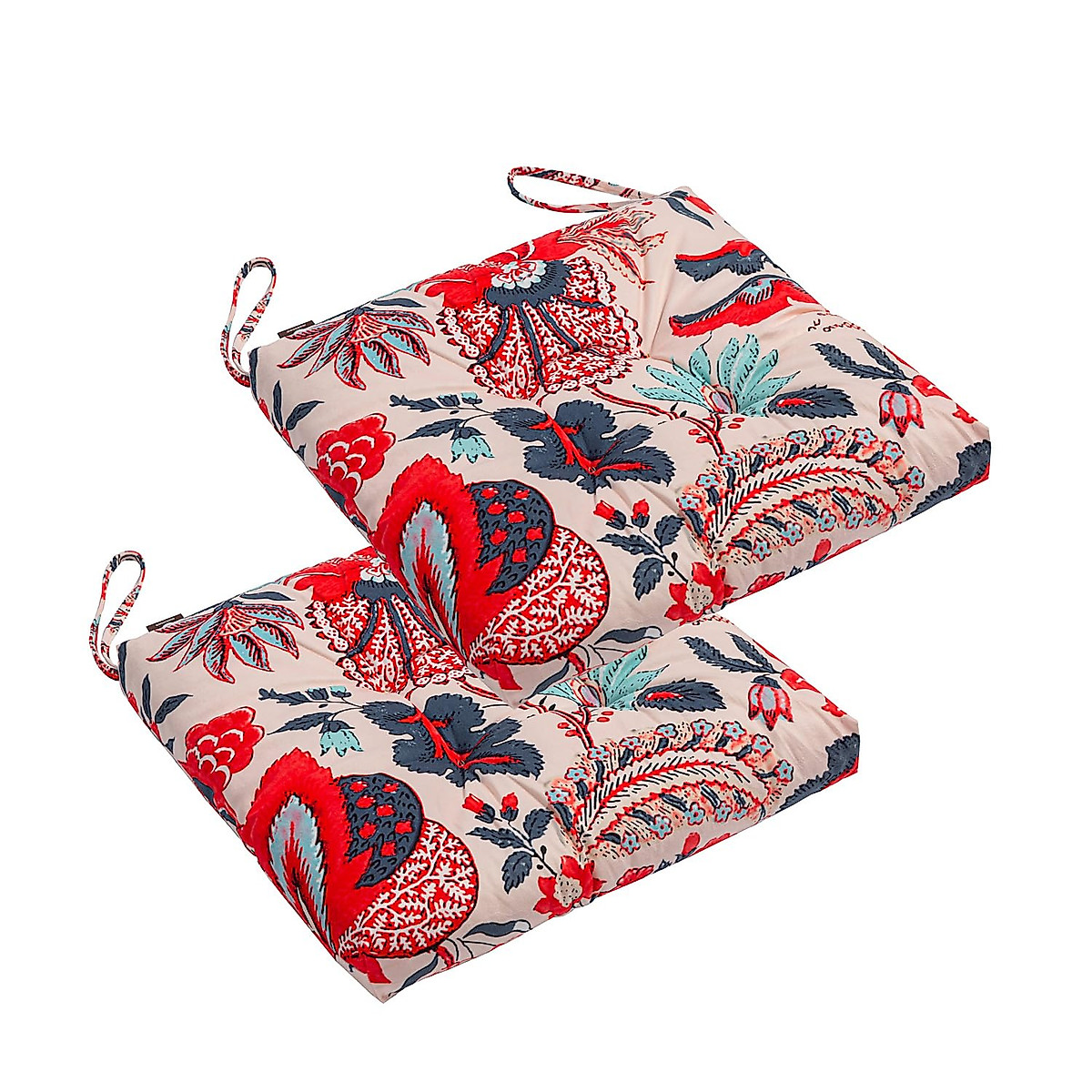 Makimoo 2-Pack Outdoor/Indoor Wicker Patio Seat Cushion Pad with Ties - Dining Chair Cushion, 17" x 17" (Blue and Red Leaves)