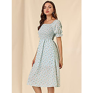 Allegra K Women's Square Neck Puff Sleeves Casual Midi Smocked Floral Dress X-Small Blue