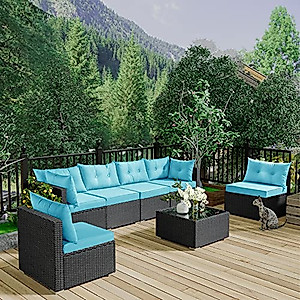 Allewie Patio Furniture Set 7 Pieces Outdoor Furniture with Seat Cushions and Tempered Glass Coffee Table, Wicker Patio Conversation Sets for Backyard, Porch, Balcony, Poolside, Blue & Black