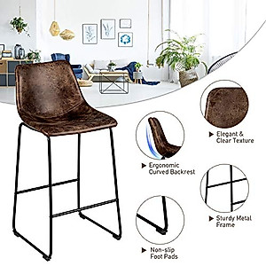 COSTWAY Set of 4 Bar Stool, Vintage Faux Suede Bar Stools, with Metal Legs, Back and Footrest, Upholstered Stool Chairs for Home Kitchen, Pub (Grey, 4)