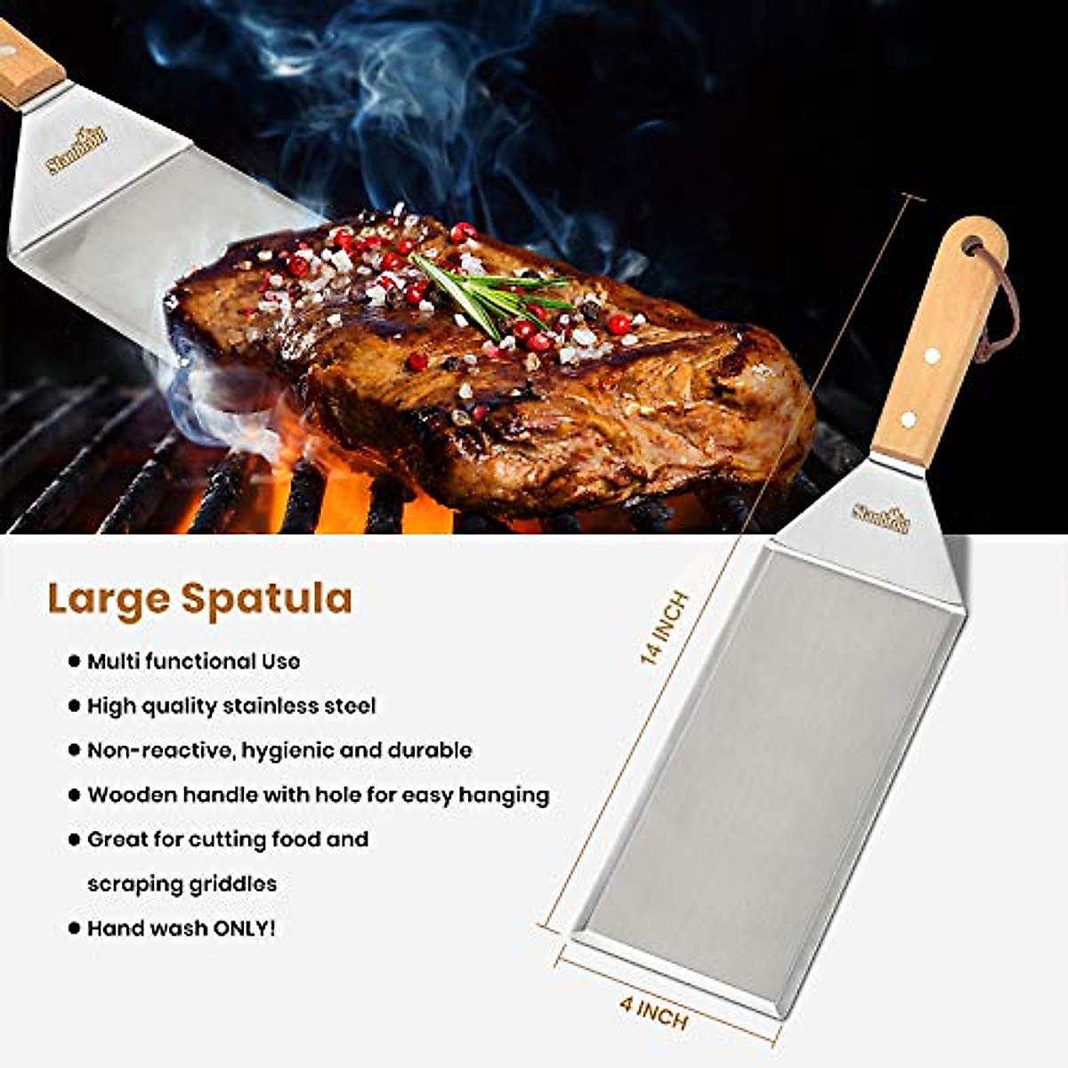 Stanbroil Metal Spatula and Bench Scraper Set for Cast Iron Griddle, Commercial Grade Stainless Steel Flat Top Grill Utensils, Set of 4