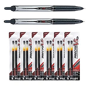 Pilot Precise V5 Rt, 2 Pens 26062 with 6 Packs of Refills, Black Ink, 0.5mm X-fine.