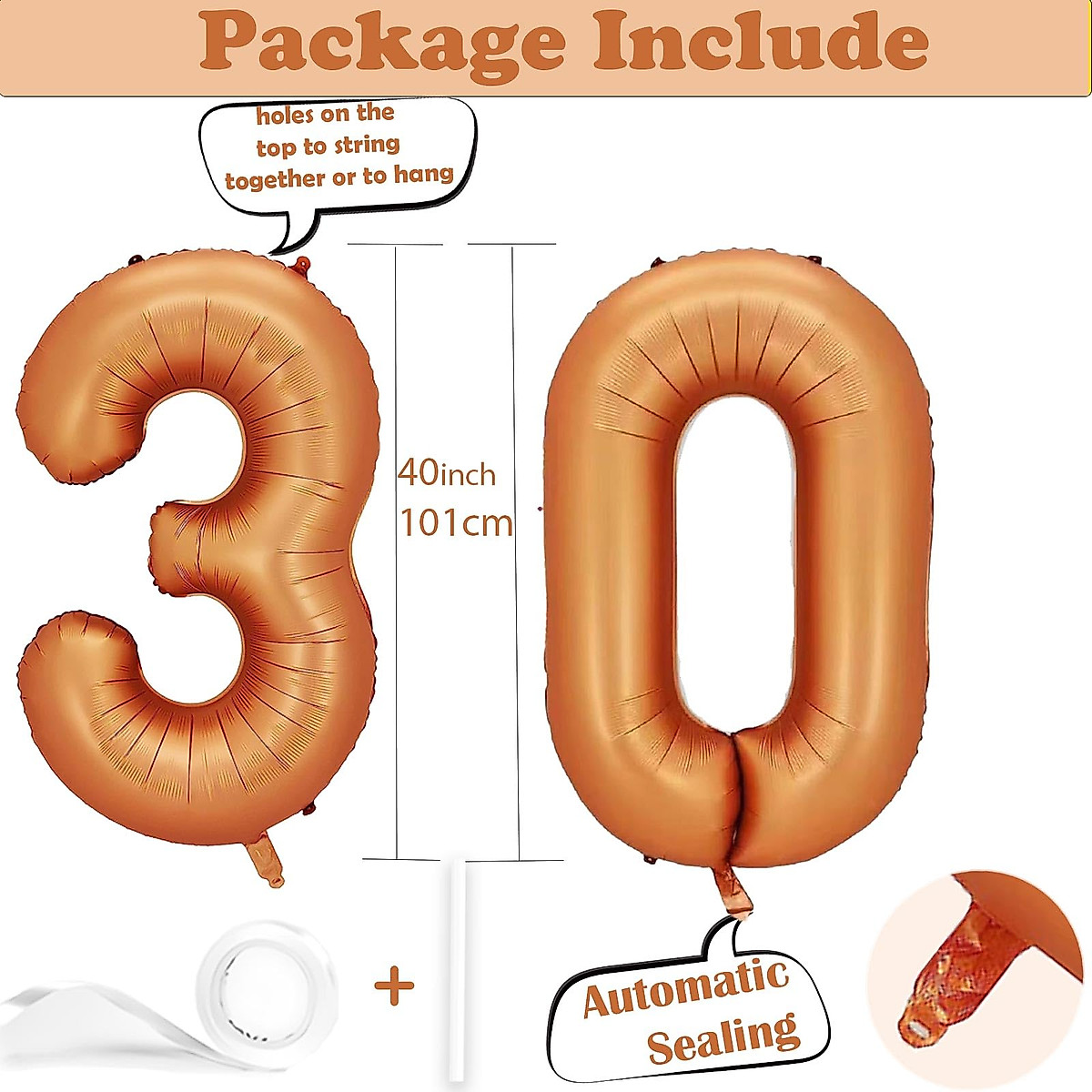 WEIKA 40 Inch Orange Foil Mylar 30 Number Balloon | 30th Birthday Decorations for Girls And Boys | 30 Birthday Balloon for Girls And Boys | 30th Anniversary Decoration | Birthday Party | Wedding