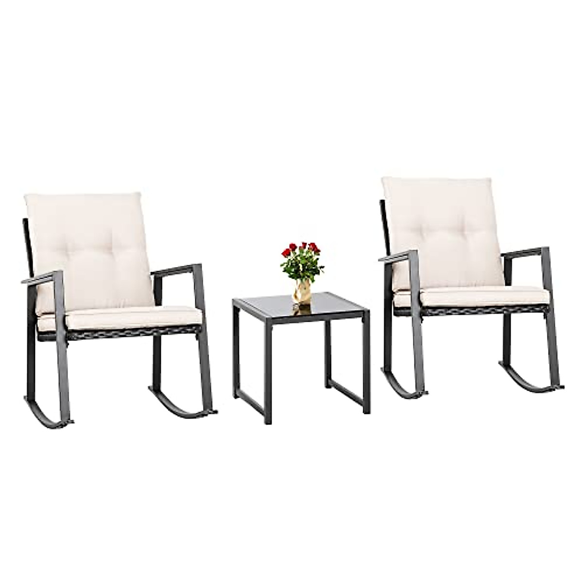 JAMFLY 3-Piece Patio Rocking Bistro Set, Outdoor Wicker Furniture Balcony Porch Chairs Conversation Sets with Glass Coffee Table (Beige)