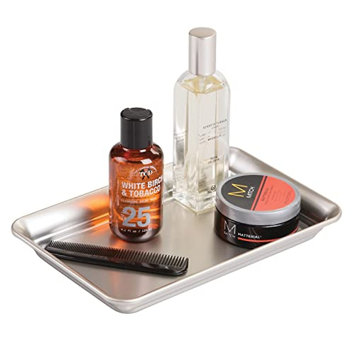 mDesign Metal Storage Organizer Tray for Bathroom Vanity Countertops, Closets, Dressers - Holder for Watches, Earrings, Makeup, Reading Glasses, Perfume, Guest Hand Towels, Satin