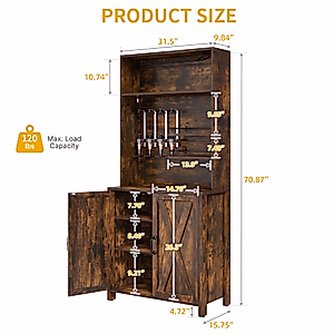 DWVO Farmhouse Bar Cabinet w/LED Lights, 71" Liquor Cabinet for Glasses, Tall Wine Bar Cabinet w/ 4-Bottle Liquor Dispenser & Wine Rack, Kitchen Storage Cabinet for Living Room, Rustic Brown
