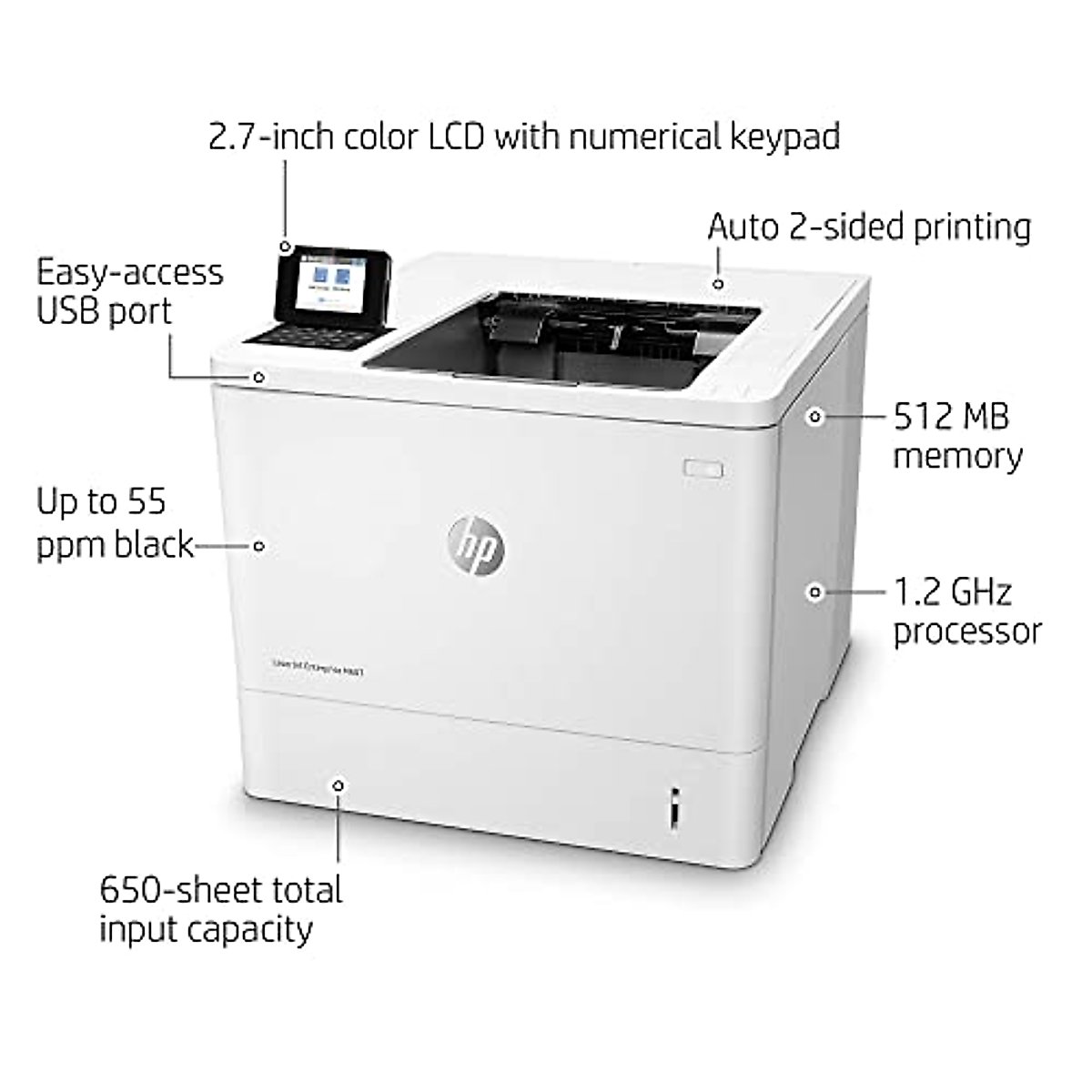 HP Laserjet Enterprise M607n Monochrome Printer with Built-in Ethernet, 1200 x 1200 dpi, 550-sheet Input Feeder, 55 ppm, 512 MB, 2.7-inch LCD with keypad, Bundle with JAWFOAL Printer Cable