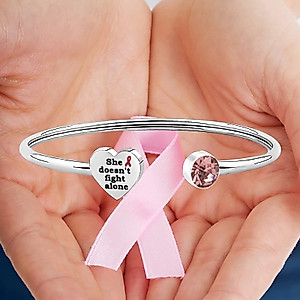 BNQL Breast Cancer Awareness Bracelet Cancer Awareness Jewelry Pink Ribbon Bracelet She Doesn’t Fight Alone (SILVER)