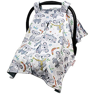 Baby Car Seat Canopy Cover - Baby Koala Bears & Butterflies with Light Blue Minky Dot