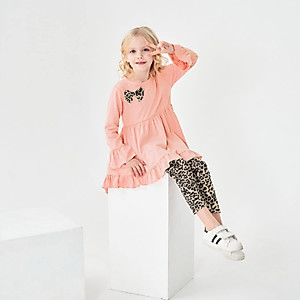 Axumity Kid Girls Clothes Ruffled Long-sleeve High Low Top with Bowknot + Leopard Print Pants 2-piece Winter Spring Girl Outfit Set(8-9t)