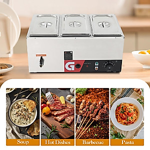 GarveeHome 3 Pan Commercial Food Warmer - 3 * 6.3QT Generous Capacity, 1200W Electric Steam Table, Stainless Steel, Efficient Heating, 86-185°F Temp Control for Catering and Restaurants