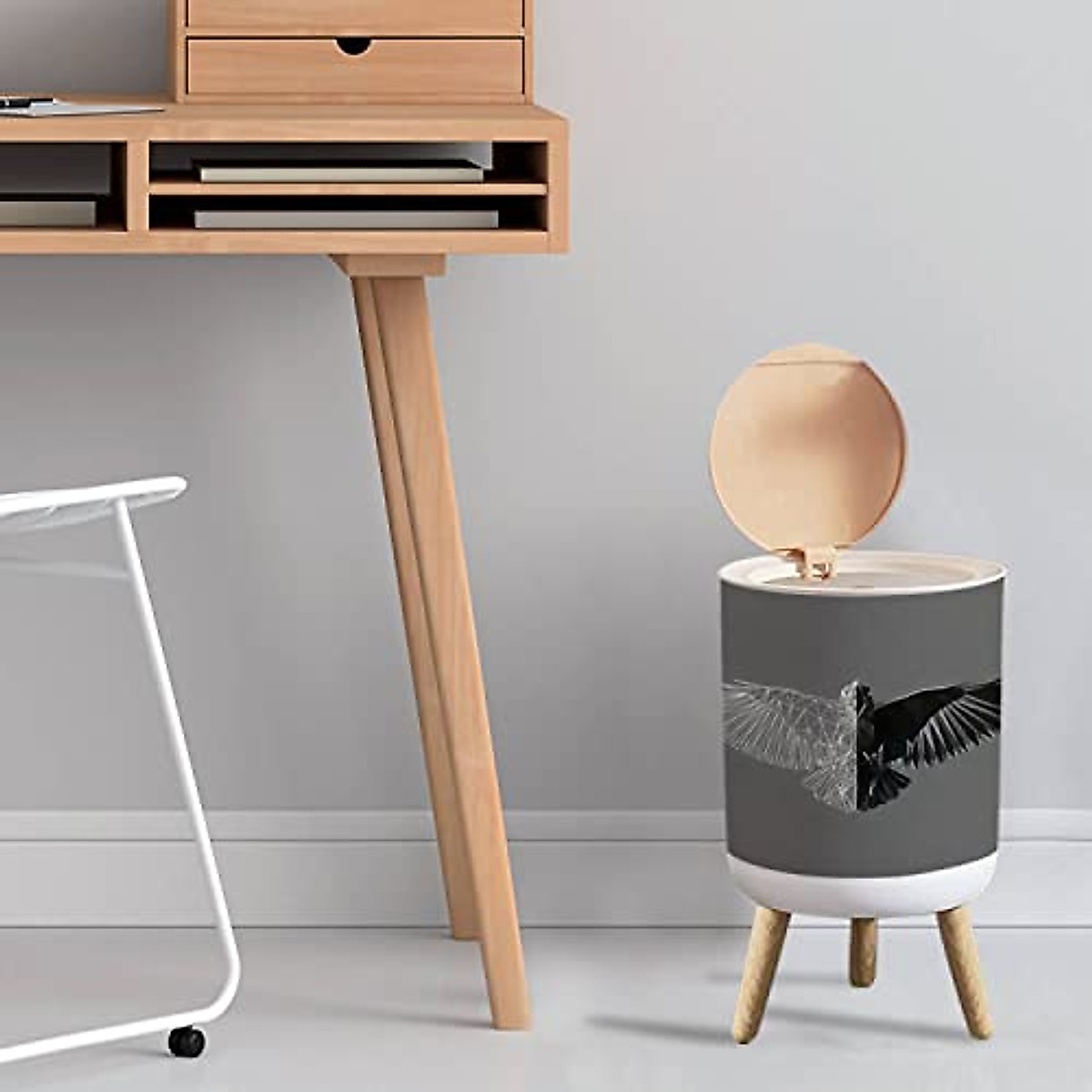 Small Trash Can with Lid Raven in Flight on Grey Low Triangular and Wireframe EPS 8 Isolated 7 Liter Round Garbage Can Elasticity Press Cover Lid Wastebasket for Kitchen Bathroom Office 1.8 Gallon