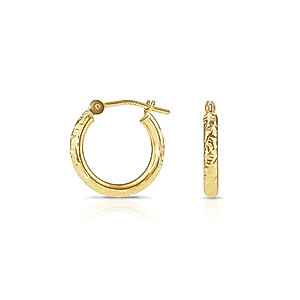 14k Yellow Gold Hand Engraved Diamond-cut Round Hoop Earrings (14mm (0.55 inch))…