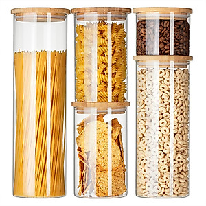 GC GENICOOK Glass Food Storage Jars,Spaghetti Pasta Storage Container,Borosilcate Glass Canister Set with Eco-Friendly Bamboo Lids for Noodles Flour Cereal Coffee Beans - 10 pcs set (Round