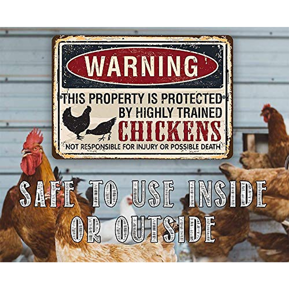 Chicken Signs for Coop Funny Outdoor - Property Protected by Chickens Funny Chicken Coop Sign - Chicken Accessories Indoor/Outdoor Chicken on Coop - Vintage Kitchen Decor Gifts for Chicken Owners