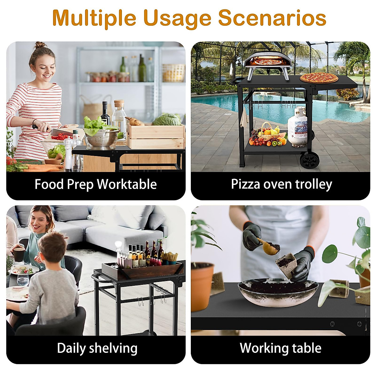 Blomed Dining Cart Table with Double-Shelf, Grill Cart with Wheels, Movable Steel Flattop Worktable, 6 Hooks, Side Handle, BBQ Cart Pizza Oven Stand