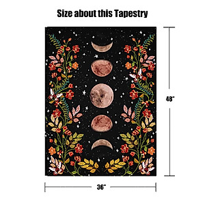 Lifeel Moonlit Garden Tapestry, Moon Phase Surrounded by Vines and Flowers Black Wall Decor Tapestry 36×48 inches