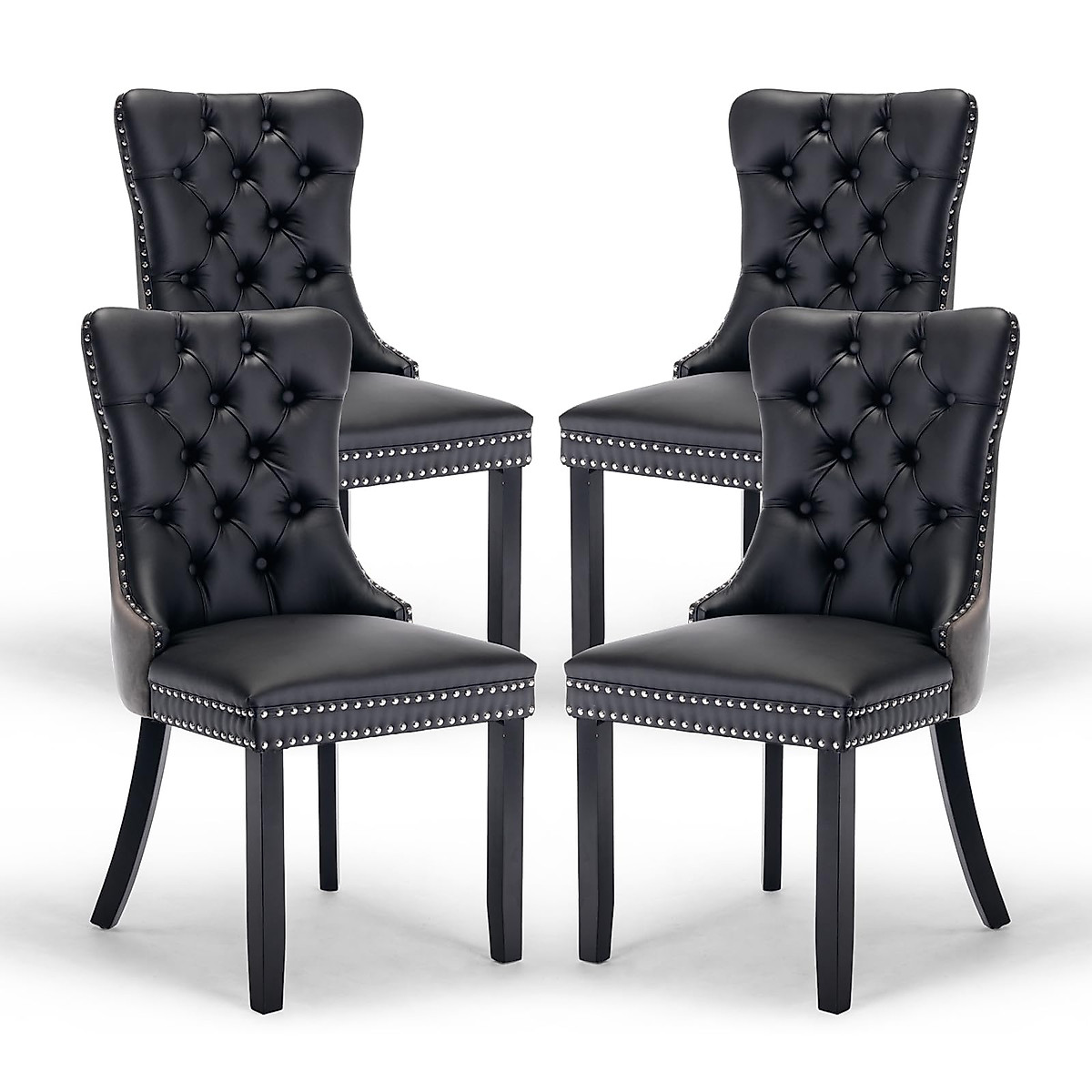 SoarFlash Leather Dining Chairs Set of 4, Tall Back Side Chair, Modern Upholstered Side Chair with Button Back Ring, Solid Wood Legs (Black&Grey)