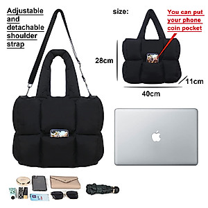 NAARIIAN women large puffer purse puffy tote bags dupes light weight handmade nylon bag woven shoulder handbag(Black)