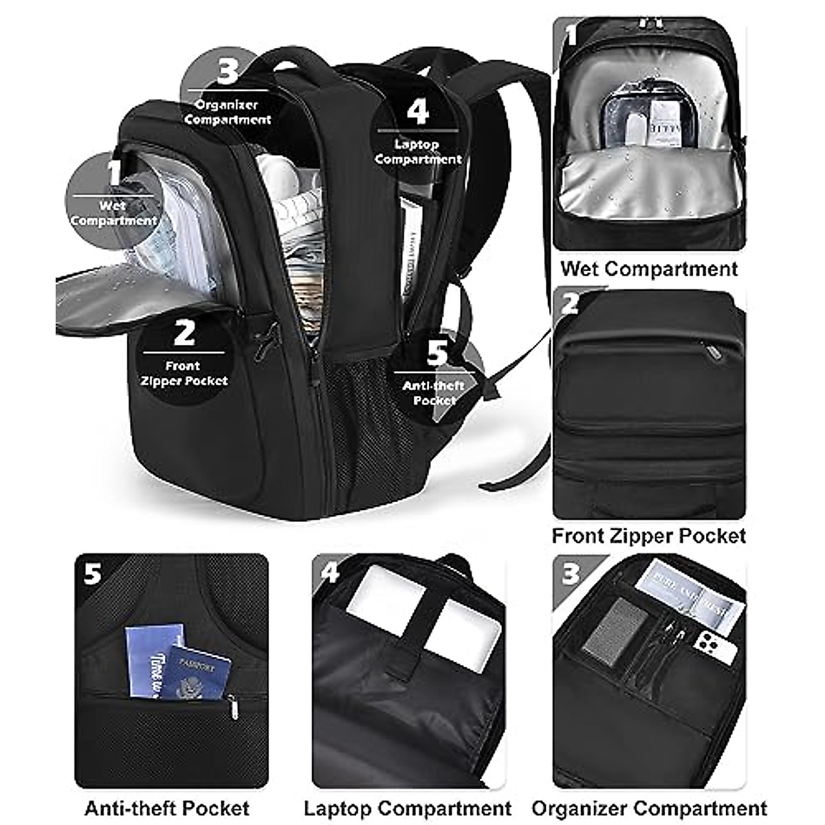 Lekakii Backpack for Traveling On Airplane, Travel Backpack for Women Men, 45L Nylon 600D Waterproof Carry On Backpack, Personal Item Laptop Backpack Black