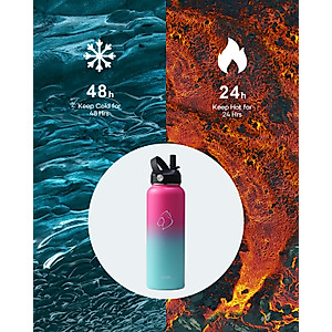 BUZIO Stainless Steel Water Bottle, 40oz Vacuum Insulated Double Wall Leak Proof Sports Water Bottle with Straw Lid and Flex Cap for Gym Travel Camping, Rose and Green