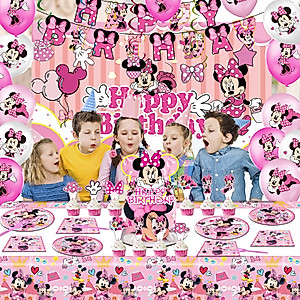 Minnie Birthday Party Supplies, Minnie Birthday Party Balloon Decorations Theme, Include Happy Birthday Banner, Hanging Swirl, Backdrop, Cake & Cupcake Topper, Tablecloth, Birthday Party For Kids