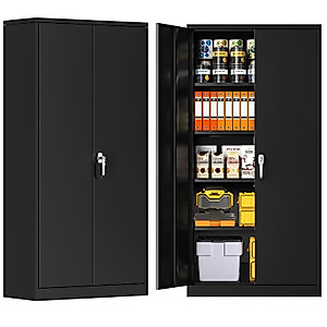 Superday Lockable Storage Cabinet, 71" Garage Storage Cabinets with Lock, Black Metal Cabinet with 2 Doors and 4 Adjustable Shelves for Home Office, Classroom, Bathroom, File, Easy Assemble