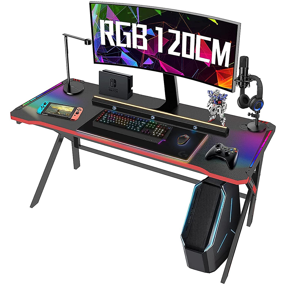 Arespark Gaming Desk with LED Lights, 47in Ergonomic Home Office Tables PC Study Desks, K-Shaped Carbon Fiber Surface Computer Desk Gamer Table Christmas Day Gamer Gift (47 Inch)