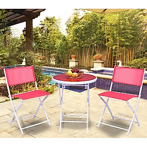 Giantex Bistro Table Set, 3 Piece Patio Bistro Set, Outdoor Folding Table and Chairs, Foldable Patio Dining Set, Porch Furniture Set Garden Backyard Metal Frame No Assembly, Red