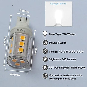 BAYSHE T10 Wedge Base LED Light Bulb 3watt Equivalent to 30W Halogen 12VAC/DC for Camper RV Tailer Outdoor Landscape Patio Path Driveway Malibu Lighting(6000K Daylight White)-8 Pack