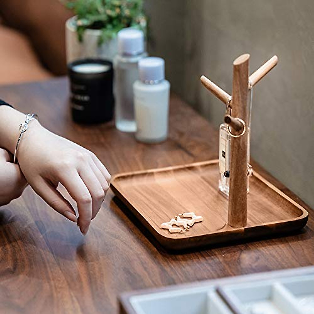 Kelendle Solid Wood Key Hook Key Hanging Shelf Creative Branch-Like Key Rack with Storage Tray for Entrance Desktop Office Rectangle