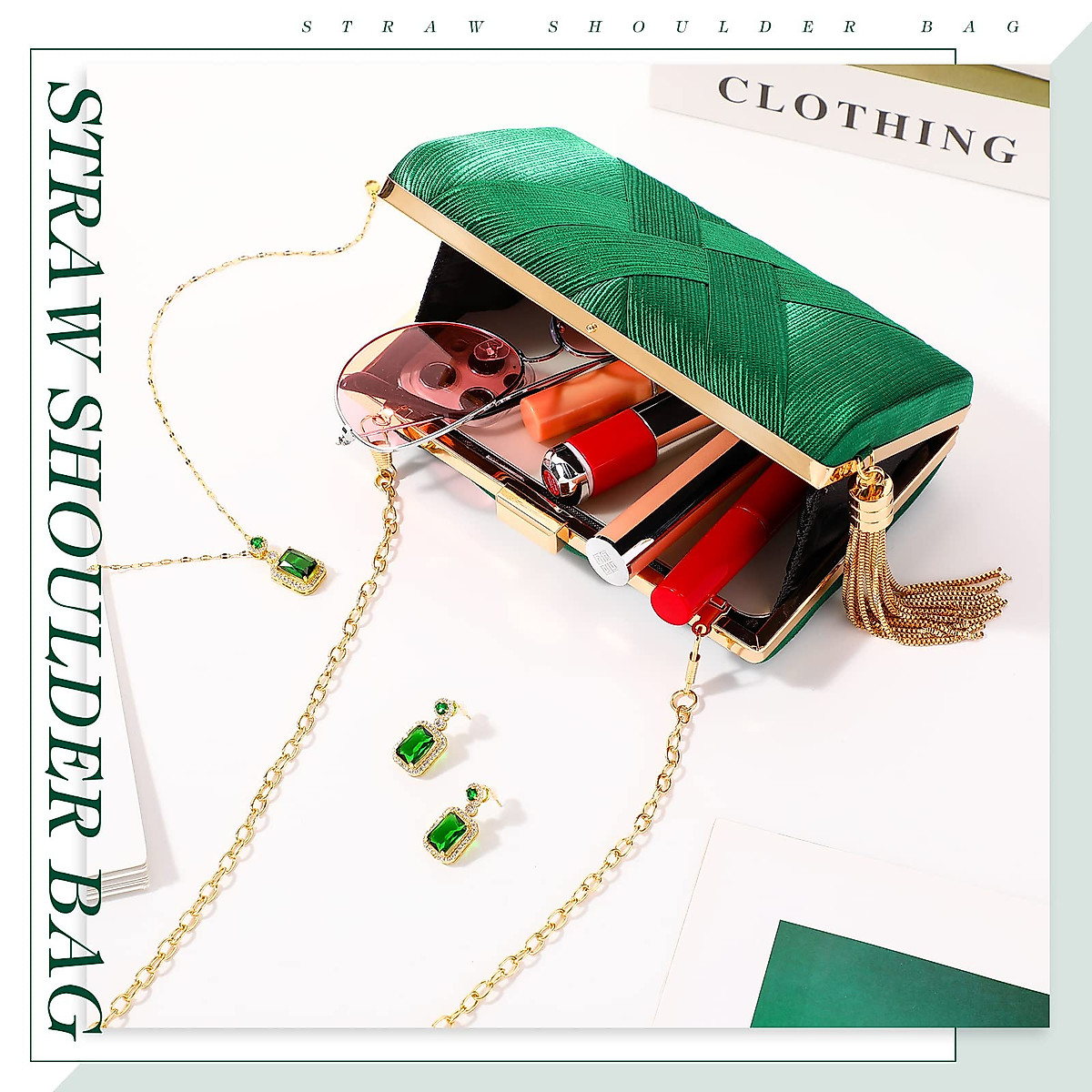 Jadive 3 Pcs Clutch Purses for Women Handbag Evening Purses Bag for Wedding Vintage Banquet Handbag Earrings Necklace Set(Emerald Green)