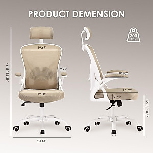Farini Ergonomic Office Chair, Home Office Desk Chair with Headrest, High Back Computer Chair with Flip-up Armrests and Adjustable Lumbar Support for Home Office Study Bedroom, Khaki.