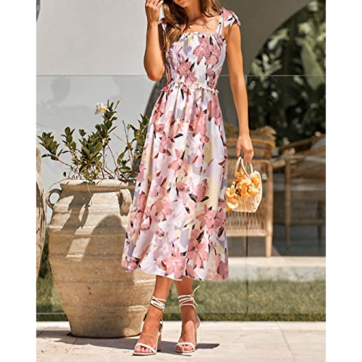 PRETTYGARDEN Women Summer Dresses 2023 Tie Strap Square Neck Smocked Ruffle Flowy Floral Print Boho Maxi Cocktail Dress(Floral Pink,X-Large)