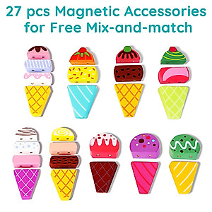 HELLOWOOD Wooden Ice Cream Truck Bundlle with Wooden Lolly Pop Shop, Pretend Play Food Toy