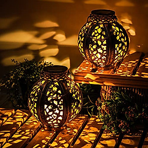 DUSVALLY Solar Lantern Hanging Waterproof Solar Lights for Patio, Backyard & Tree, 2 Pack Garden Decoration Lantern Light with Hollow-Out Retro Design, 7"H