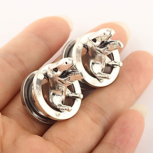 8 Pairs CZ Gems Ear Tunnels Plugs Gauges Stainless Steel Tyrannosaurus Expander Stretcher Piercings Opal Glass Silicone Black Dinosaur (6mm=2g)