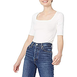 Amazon Essentials Women's Slim-Fit Half Sleeve Square Neck T-Shirt, Bright White, Medium