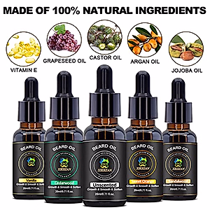 Beard Oil 5 Pack w/Unscented,Cedarwood,Sandalwood,Vanilla,Orange,Christmas Stocking Stuffers Fathers Valentines Day Gifts for Men Him Dad Boyfriend Husband,Beard Growth,Soften,Moisturizing,Strength