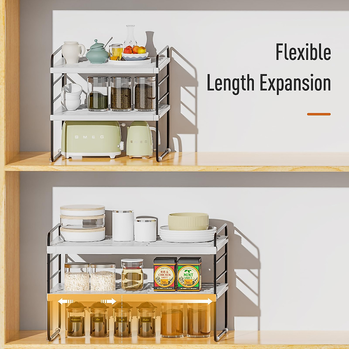 Meetwoods Kitchen Cabinet Organizer, Expandable Aluminum Foil and Plastic Wrap Organizer, Cabinet Pantry Organizers and Storage Rack, Kitchen shelf Pantry shelves, Spice Rack, 9.8'' to 15.6''L, White