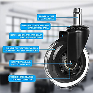 Hirate Office Chair Caster, 3" Computer Desk Chair Replacement Set of 5 Heavy Duty Protection for All Floors, Universal Stem 11mm (7/16" x7/8")