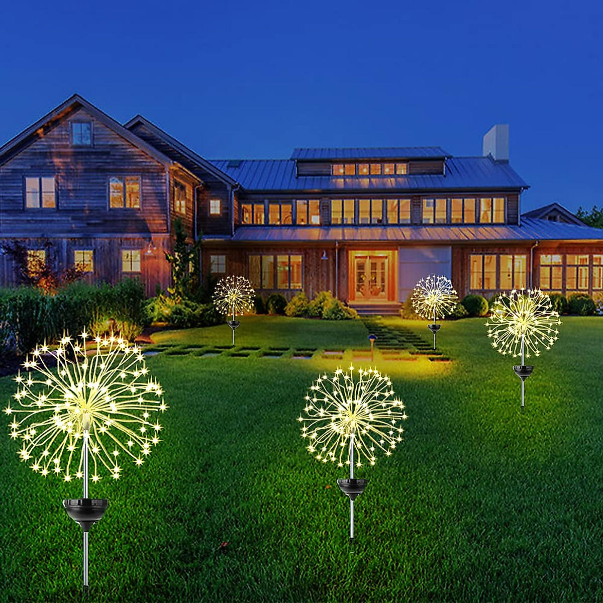 Honche Solar Garden Lights Outdoor Waterproof, LED Firefly Starburst Firework Light for Pathway Patio Lawn Backyard Flowerbed Party Christmas Decorations with 120 LEDs 8 Mode 2 Pack Warm White Round