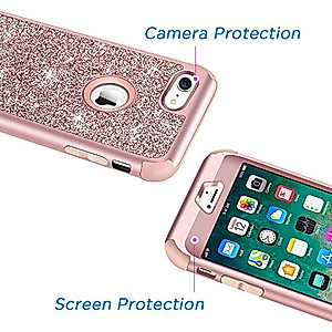 Hython Designed for iPhone 8, iPhone 7 Case, Heavy Duty Full-Body Defender Protective Case Bling Glitter Sparkle Hard Shell Hybrid Shockproof Rubber Bumper Cover for iPhone 7 and iPhone 8, Rose Gold