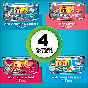 Purina Friskies Wet Cat Food Variety Pack, Fish-A-Licious Shreds, Prime Filets & Tasty Treasures - (32) 5.5 Oz. Cans