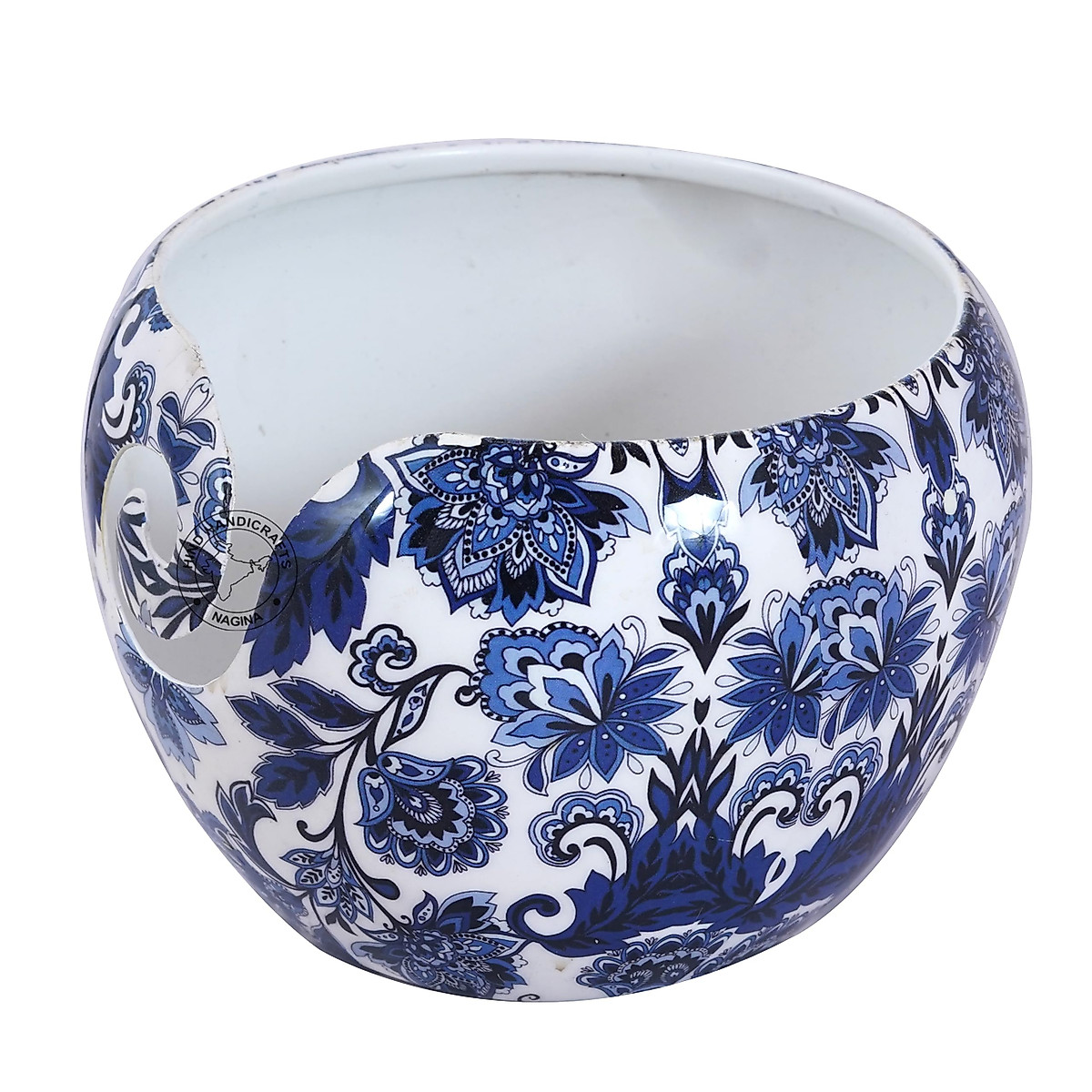 Hind Handicrafts Premium Solid Handmade Crafted Metallic Finish - Aluminum Portable Yarn Storage Bowl - Holder for Knitting Crochet Hook Accessories (Floral Blue)