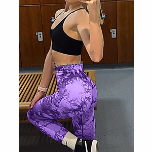 Rugkey Scrunch Butt Lift Leggings for Women Tie Dye High Waist Seamless Gym Workout Yoga Pants Ruched Booty Compression Tights Purple L